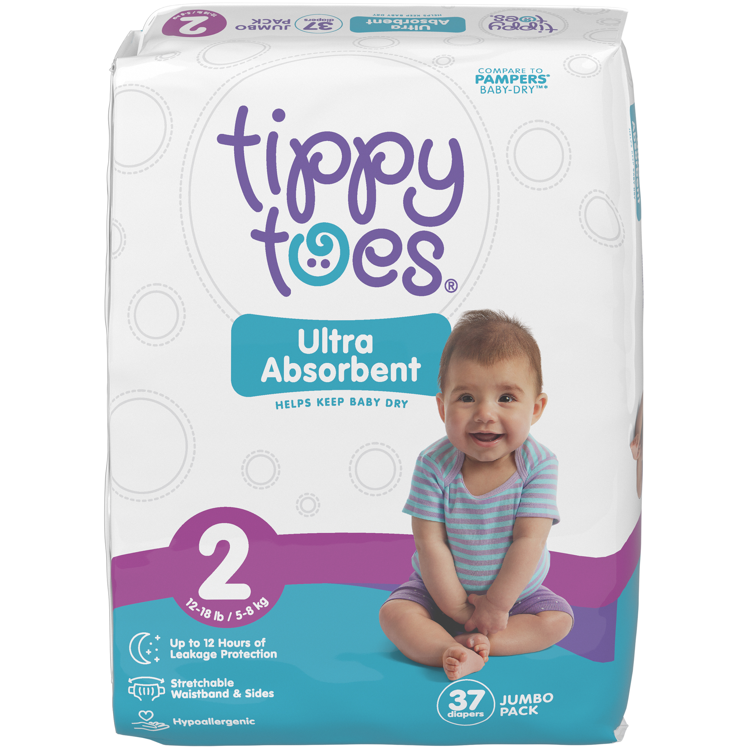 Tippy Toes Size 2 (12-18 lb) Ultra Absorbent Diapers Jumbo Pack 37 ea