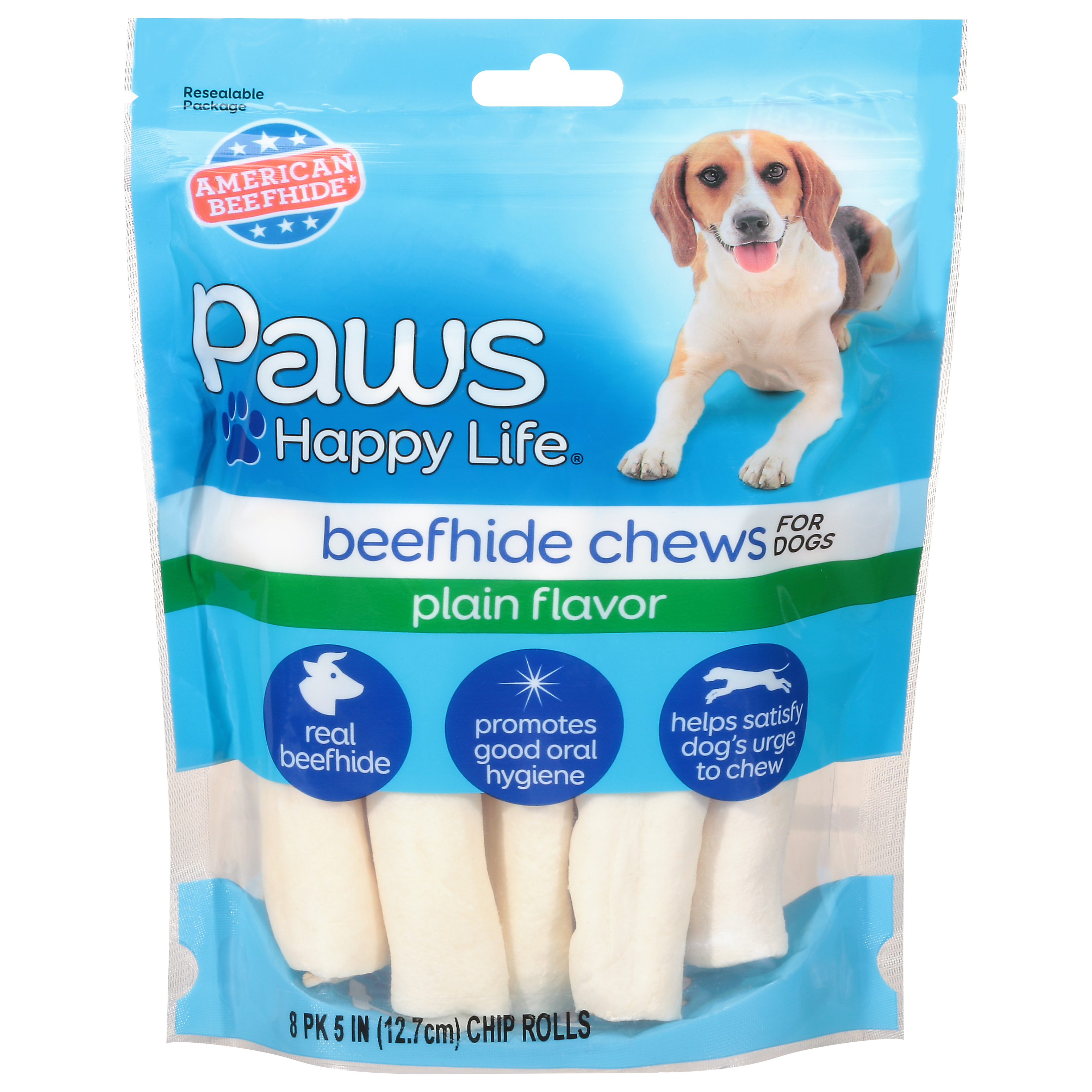 Paws Happy Life For Dogs Plain Flavor Beefhide Chews 8 ea Pouch