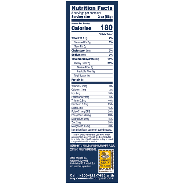 Barilla Whole Grain Pasta Nutrition Label